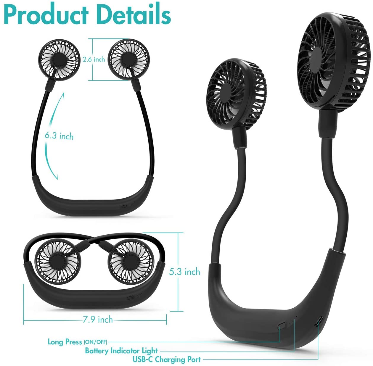 Portable Neck Fan Hands Free Neckband Fan 5200mAh Battery Operated ...