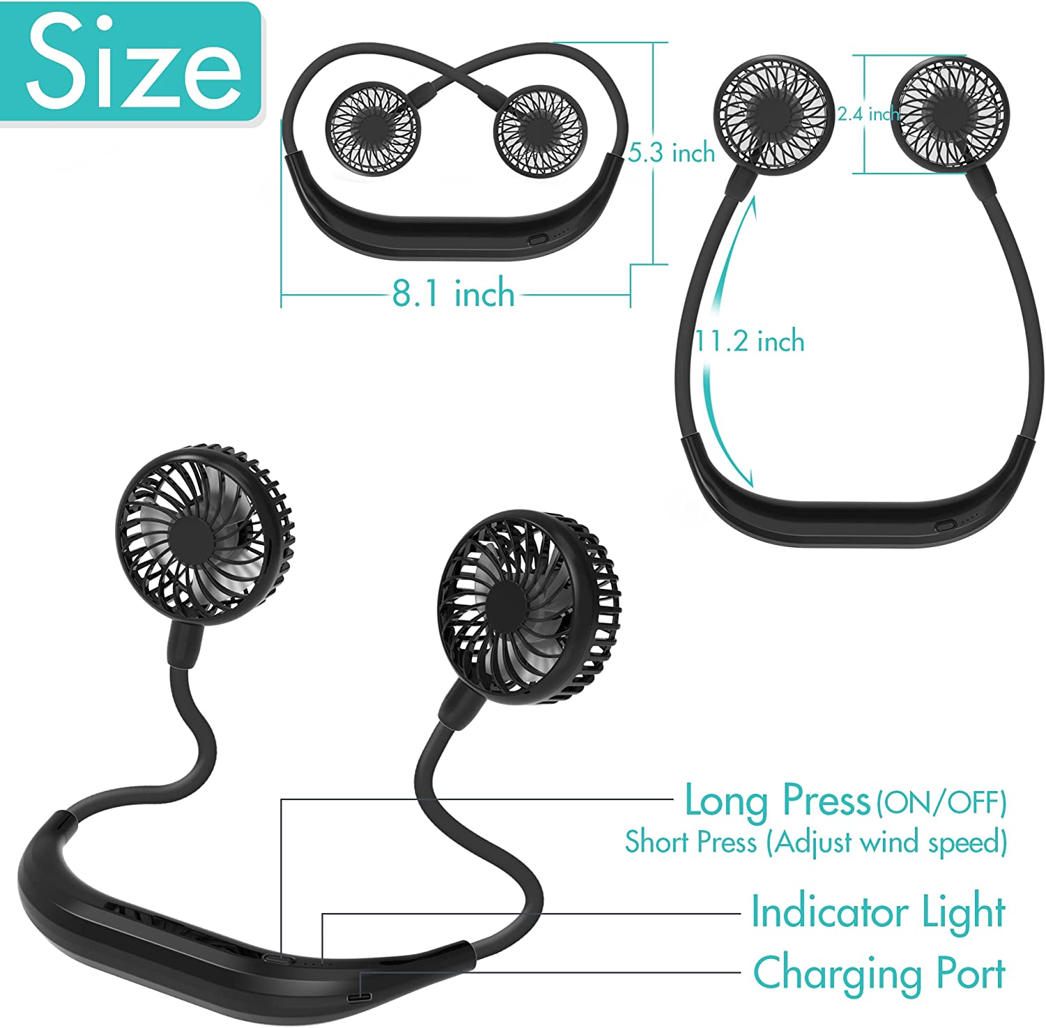 AMACOOL Neck Fan 2600mah Battery Operated Neckband Fan 6-Speed Hand ...