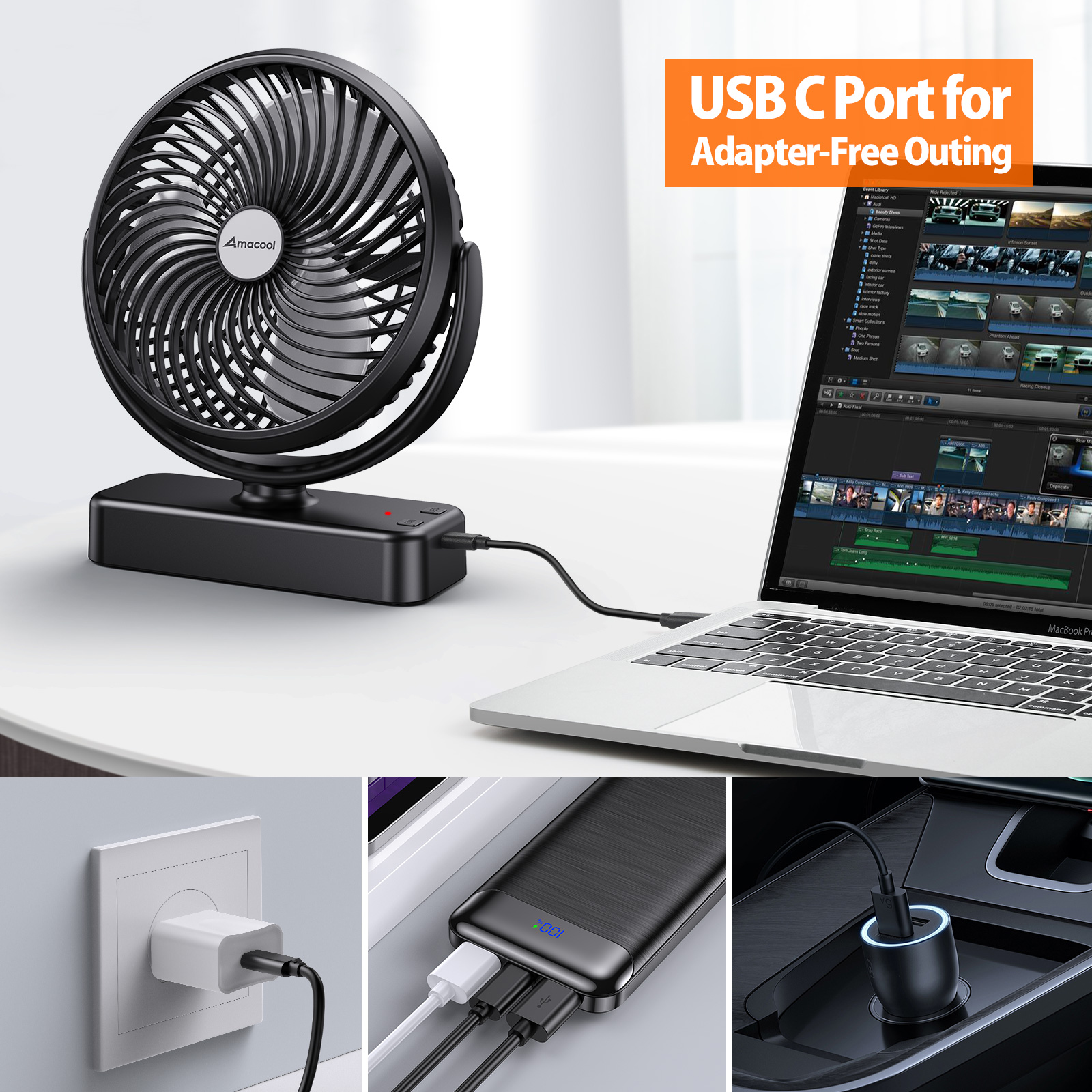 10000mAh Battery Operated Camping Fan with LED Light-7 inch USB Fan ...