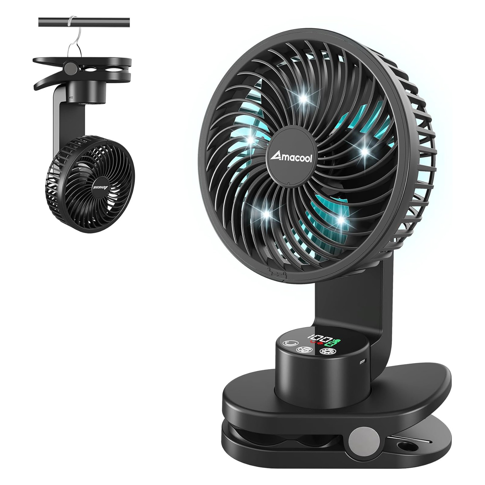 AMACOOL Battery Operated Camping Fan with Light, Rechargeable Clip on ...