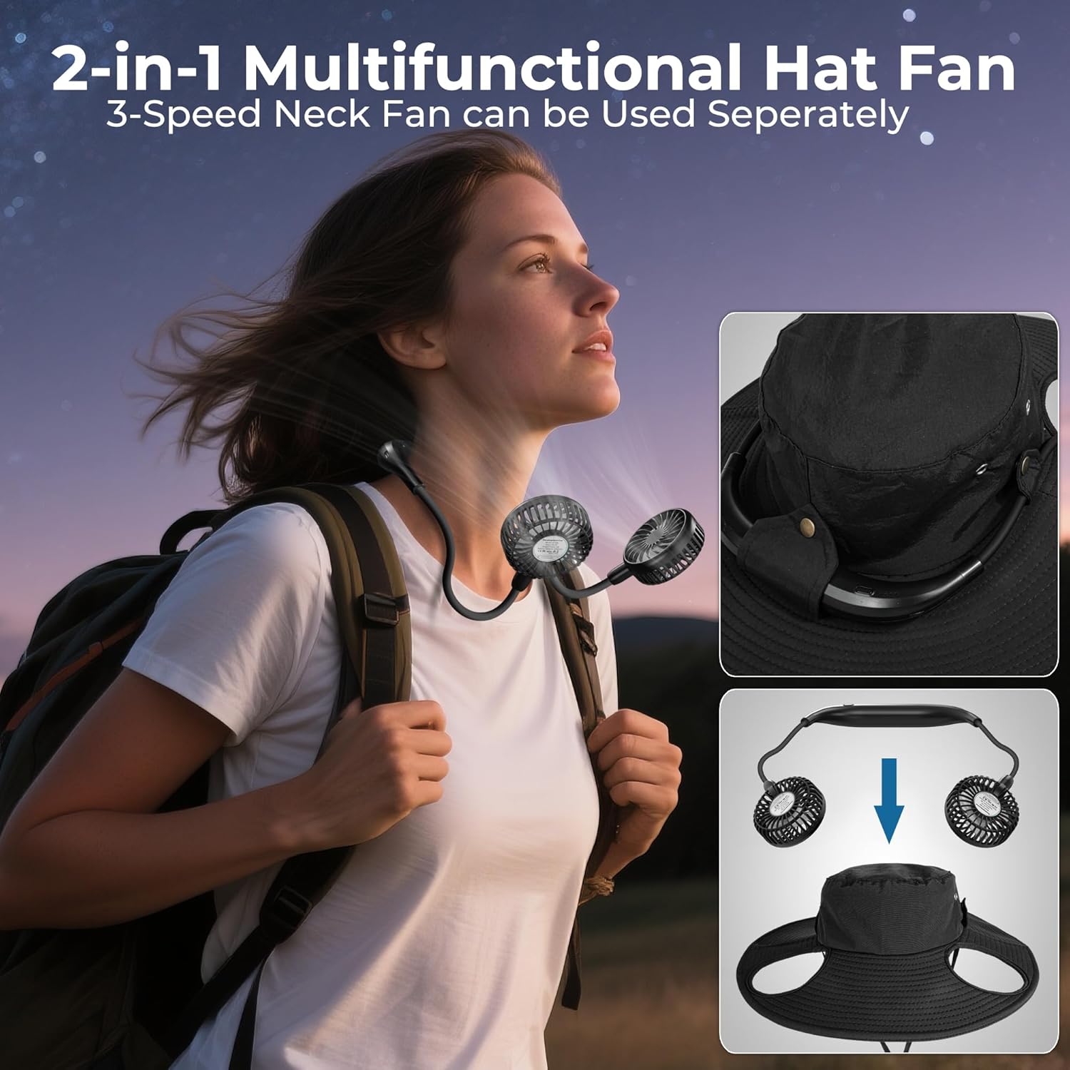 AMACOOL 2-in-1 Hands-Free Hat Fan with Detachable Neck Fan, UPF 50 ...